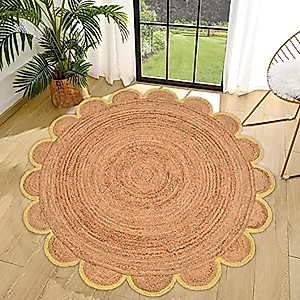 4x4, 5x5, 6x6, Natural Jute Scallop Round Rug, Floor Yellow Scalloped Edge Rug Braided Boho Eco Large Circular Handmade Area Rugs (3x3 FT)