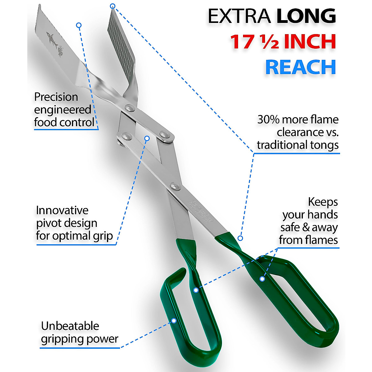 Long Tongs for Grilling: 17.5" Heavy Duty Extra Long BBQ Tongs. Scissor Grip Grilling Tongs, Stainless Steel Metal Tongs for Cooking, Kitchen & Outdoor Barbecue - Grilling Tools & Dad Gift, Green