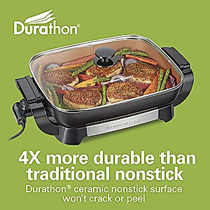 Hamilton Beach Durathon Ceramic Electric Skillet with Removable 12x15” Pan, Adjustable Temperature, Reversible Design, Tempered Glass Lid (38529K)