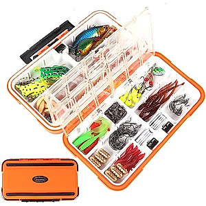 Fishinghappy 117PCS Fishing Lures Baits Tackle Including Topwater Frog Lures Crankbaits Spinnerbaits Plastic Worms Jigs Tackle Box and More Fishing Gear Lures