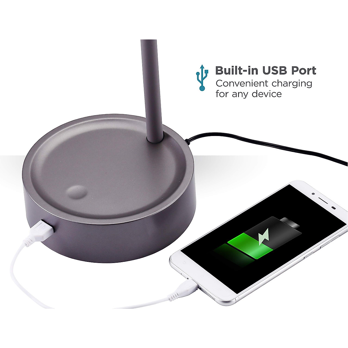 Black and Decker Office VLED1812GRAY-BD Flexible Gooseneck USB Charging Port LED Desk Lamp, Dimmable, Gray