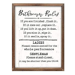 Wartter Rustic Bathroom Rules Sign,Farmhouse Toilet Wall Decor,Funny Bathroom Wood Framed Wall Art Decorations(11.8x15.8in) (white)