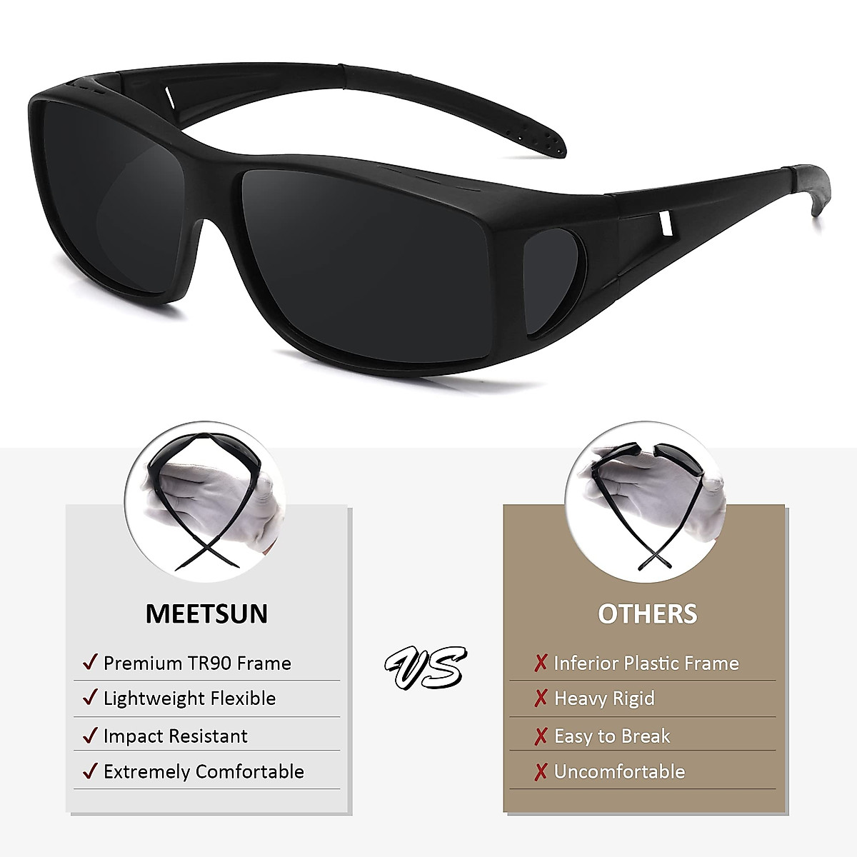 MEETSUN Fit Over Glasses Sunglasses for Men Women,Wrap Around Sunglasses Polarized UV400 Protection Black Frame-Gray Lens