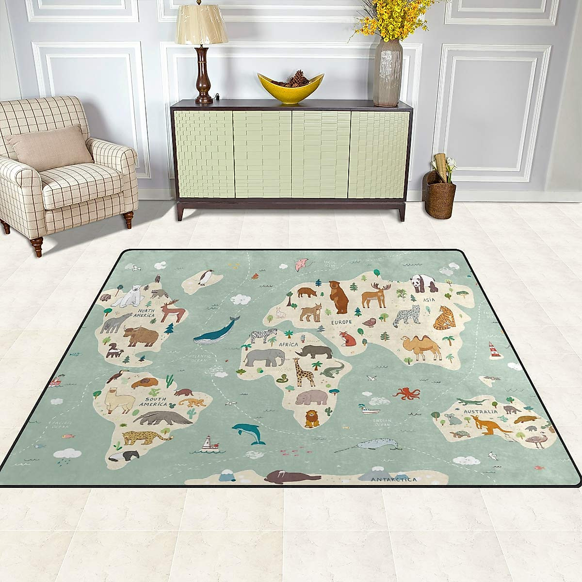 Vantaso Soft Foam Area Rugs World Map Animals Non Slip Play Mats for Kids Boys Girls Playing Room Living Room 80x58 inch