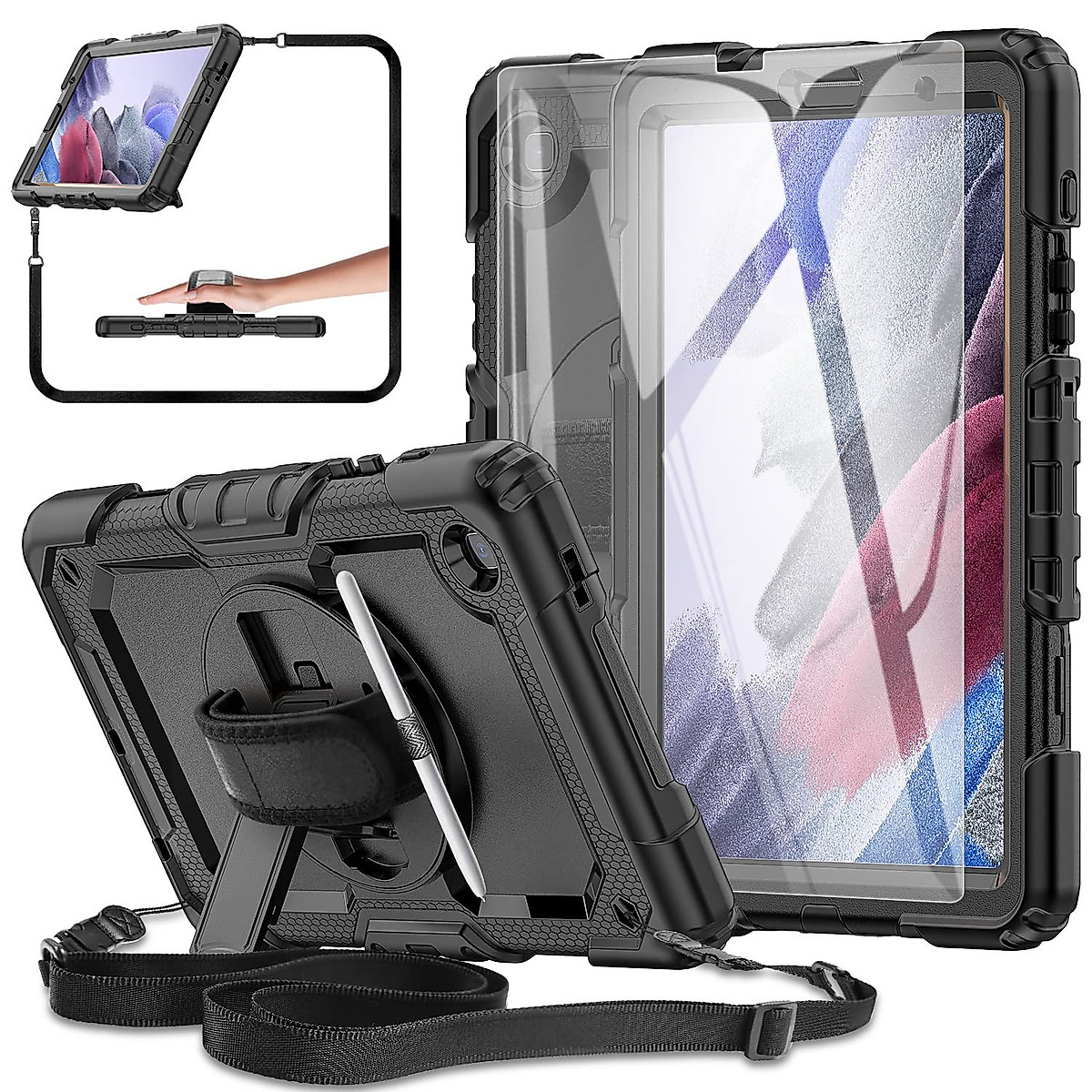 BASE MALL Case for Samsung Galaxy Tab A7 Lite 8.7-inch Tablet Case 2021 [with Tempered Glass Screen Protector], Rotatable Kickstand, S Pen Holder, Hand/Shoulder Strap (Black)