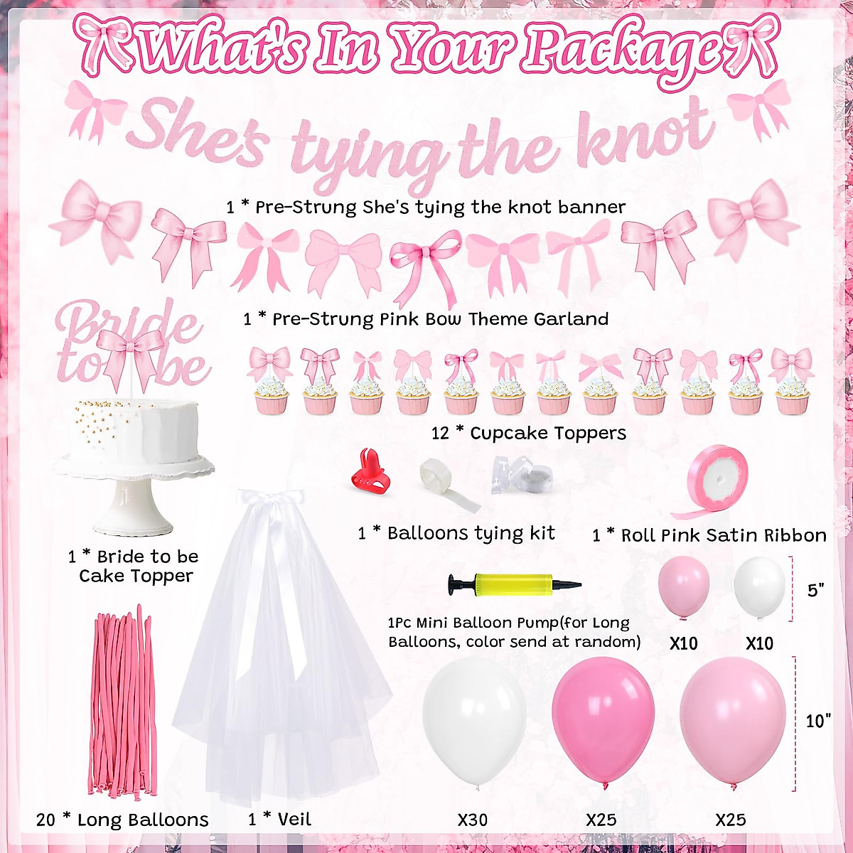 She's Tying The Knot Bridal Shower Party Decorations, Pink Bow Coquette Bachelorette Party Supplies, Bow Balloon Arch, She's Tying The Knot Banner, Bride To Be Cake Topper, Bow Veil & Satin Ribbon