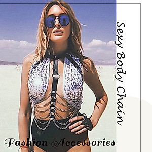 Salliy Punk Waist Chain Black Leather Body Chain Harness Belly Belt Chains Nightclub Party Body Accessories Jewelry for Women (O)