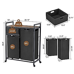 Taiweny Laundry Sorter Rolling Cart, Laundry Hamper with Heavy Duty Wheels, Laundry Basket Organizer with 2 Removable Bags, Drawer & Shelf for Laundry room, Bathroom (Black-Brown)