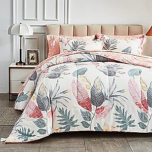 AIKASY Pink Queen Comforter Set with Sheets,Bed in a Bag 7-Pieces,Palm Tree Totem Printing Design,Ultra Soft Down Alternative All Season Bedding Set(Queen, Pink)