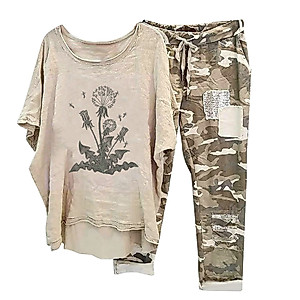 Cute Outfits for Women 2 Piece Sets Feather Floral Print Tops Camo Pant Oversized Tracksuit Casual Plus Size Vacation Outfits