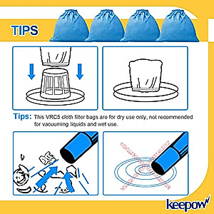 KEEPOW VRC5 Cloth Filter Bags for Vacmaster 4 to 16 Gallon Wet/Dry Vacuums VBV1210 VJC507P, 4 Pack