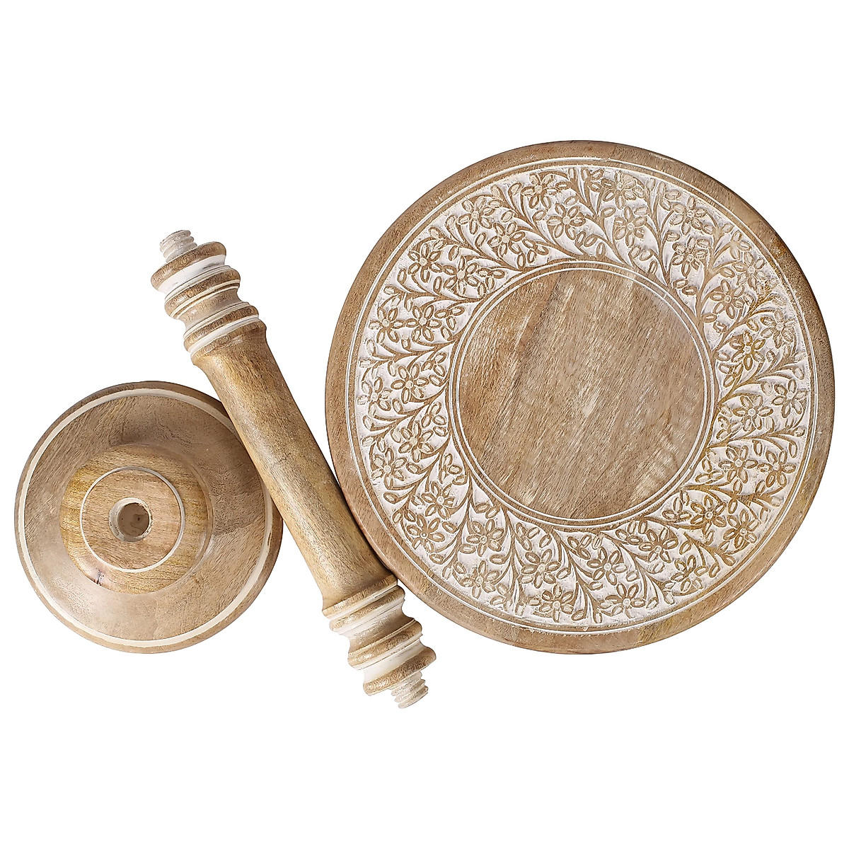 Wooden Pillar Round End Table, Modern Round Wooden Coffee Table, Living Room Rustic Side End Table for Magazines, Books, Plants & Perfect for Christmas Decoration -18x22 Inch White Wash