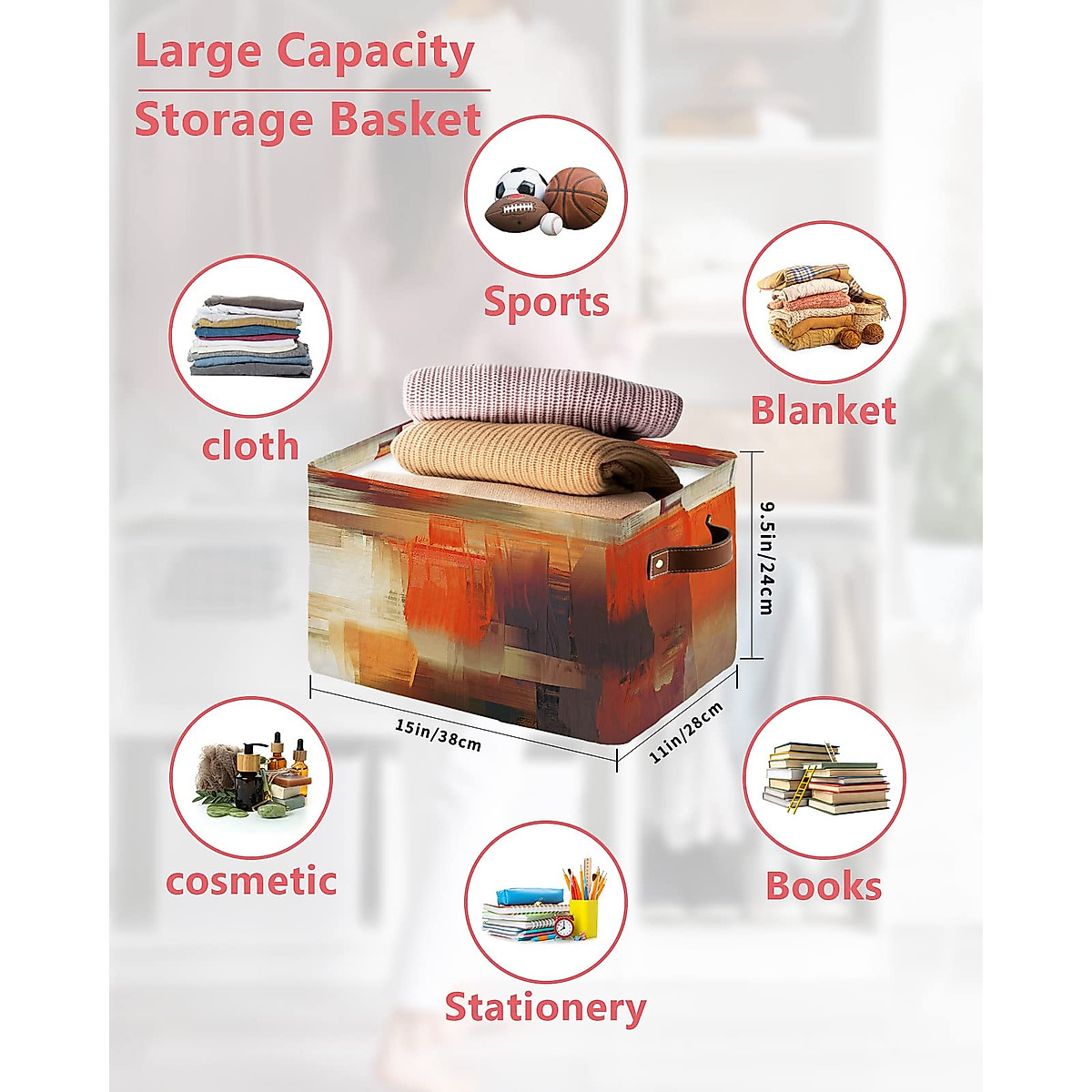 Burnt Orange Storage Basket Waterproof Cube Storage Bin Organizer with Handles, Modern Geometric Oil Painting Abstract Art Collapsible Storage Cubes Bins for Clothes Books Toys 15"x11"x9.5" 1 Pcs