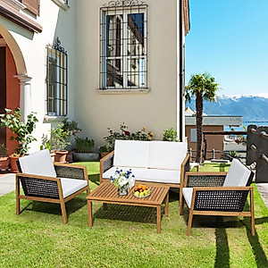 PATIOJOY 4 Pieces Outdoor Acacia Wood Furniture Set, PE Wicker Conversation Set with Coffee Table and Soft Cushions, Sofa for Garden, Poolside and Backyard (1, Off White)