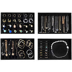 ProCase Stackable Jewelry Organizer Trays for Drawers, Jewelry Drawer Inserts Container Display Case Storage for Earring Necklace Rings Bracelet with Removable Dividers -Allblack, 4 Layers