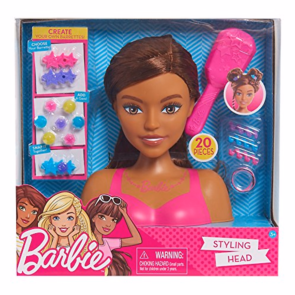 Barbie Small Styling Head, Brown Hair, Includes 20 Pieces and Customizable Barrettes