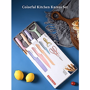 Colorful Kitchen Knives Set of 6 PCS Cute Fruit Knife Set with Gift Box,High Carbon Steel Kitchen Knife Set without Block, Environmental Wheat Straw Material Handle, Sharp Professional Chef Knife