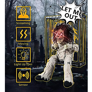 Skeleton Animated Halloween Decorations, Screaming Halloween Decor with Motion Activated & Light Sensor, Spooky Prisoner Cage with Spider Web Haunted House Decorations by CRILEAL, Ghost with Long-hair