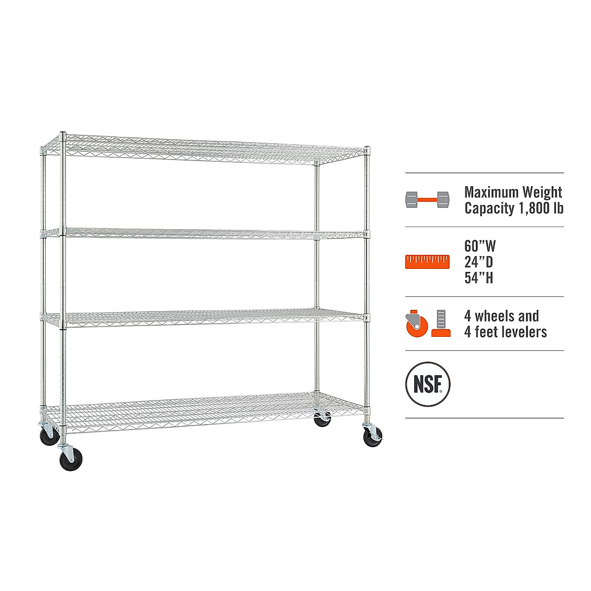 TRINITY Basics 4-Tier Adjustable Wire Shelving with Wheels for Kitchen Organization, Garage Storage, Laundry Room, NSF Certified, 600 to 1800 Pound Capacity, 60” by 24” by 54”, EcoStorage Chrome