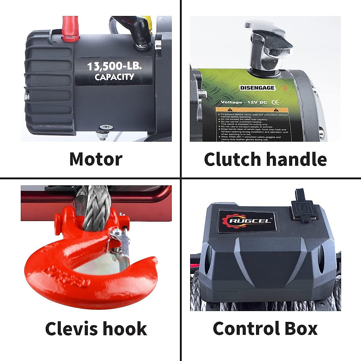 RUGCEL WINCH 13500lb Waterproof Electric Truck Winch 12V Synthetic Rope Jeep Winch with Hawse Fairlead,Wired Handle and 2 Wireless Remote,for Trailer and Wrangler in Car Lift