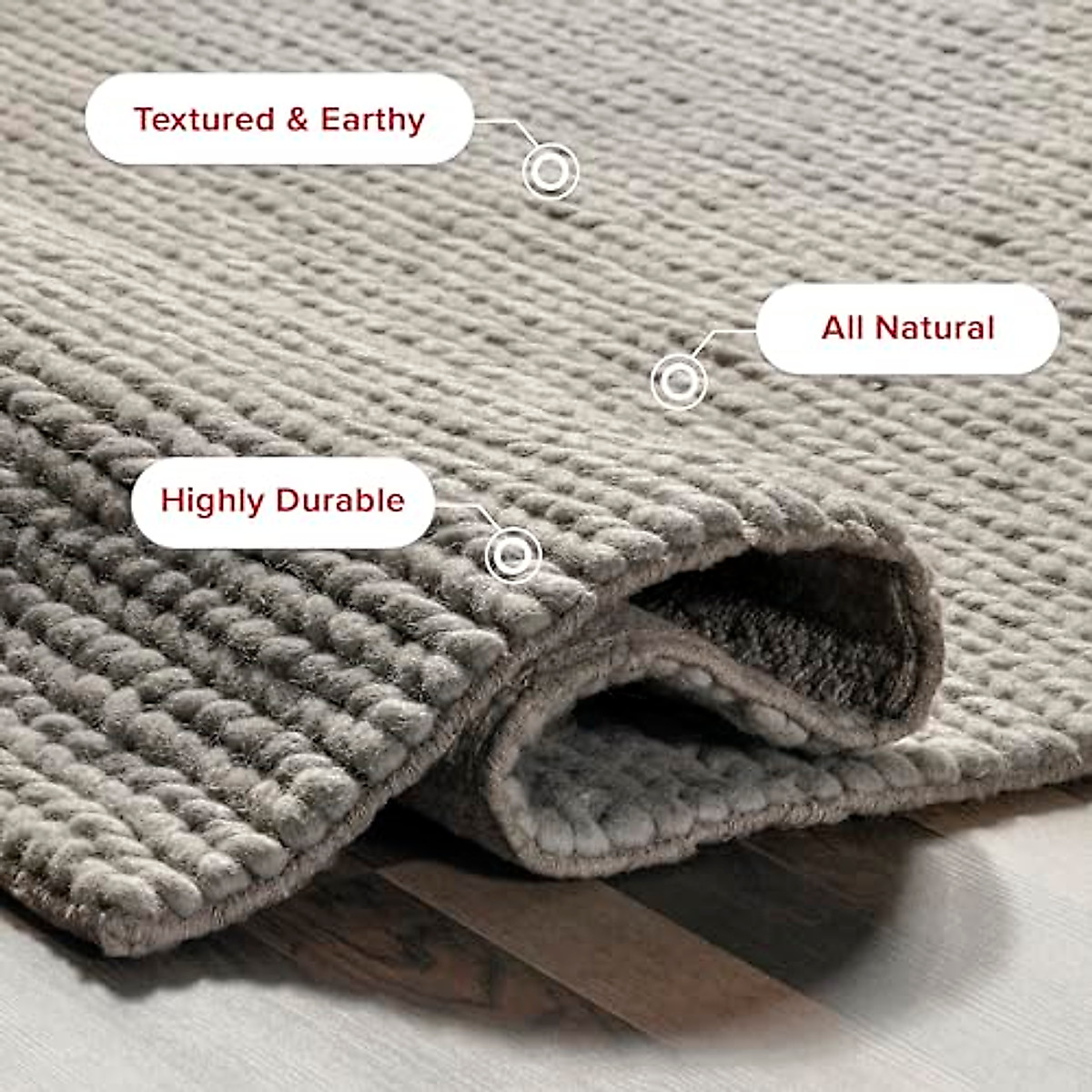 nuLOOM 5x8 Penelope Wool Braided Handmade Area Rug, Light Grey, Solid Rustic Farmhouse Style, For Bedroom, Living Room, Hallway, Entryway