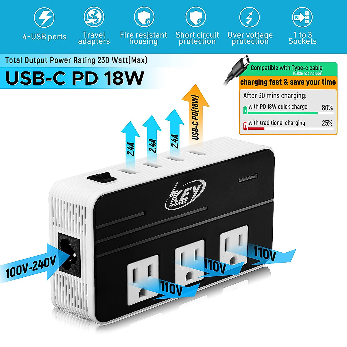 Key Power 230-Watt Step Down 220V to 110V Voltage Converter & International Travel Adapter/Power Converter with USB-C Port 18W - [Use for USA Appliance Overseas in Europe, AU, UK, Ireland, etc.]