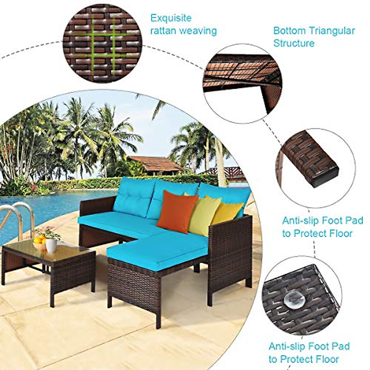 LDAILY 3 Pieces Patio Outdoor Furniture Sofa Set, Lounge Chaise with Cushions, Waterproof Tight Weaving Rattan, Conversation Set, Ideal for Garden, Pool, Patio