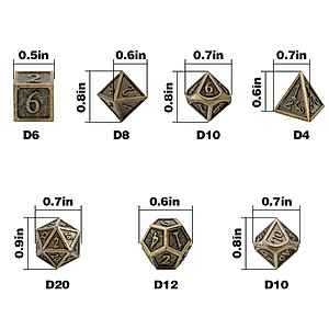 Yeking Metal DND Dice Set D&D, Brass DND Metal Dice with Metal Brass Box for Table Games Dungeons and Dragons D&D, Ancient Design Dice 7PCS of D20 D12 D10 D8 D6 D4 for Dungeons and Dragons TTRPG Games