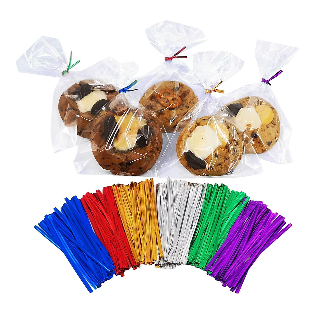 Wowfit 200 CT 4x6 Inch Clear Flat Cellophane Treat Bags with 6 Colors 4" Twist Ties, Cello Packaging for Gift Wrapping, Decorations, and Food Storage