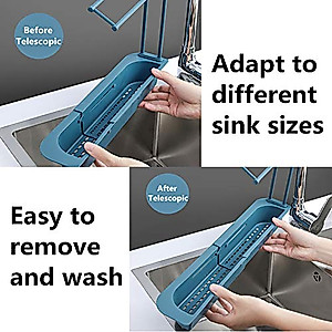 Telescopic Sink Holder,Expandable Storage Drain Basket Rack, Adjustable Expandable Sponge Soap Holder Drainer Sink Tray with Dishcloth Drying Rack for Home Kitchen Sink (Gray)