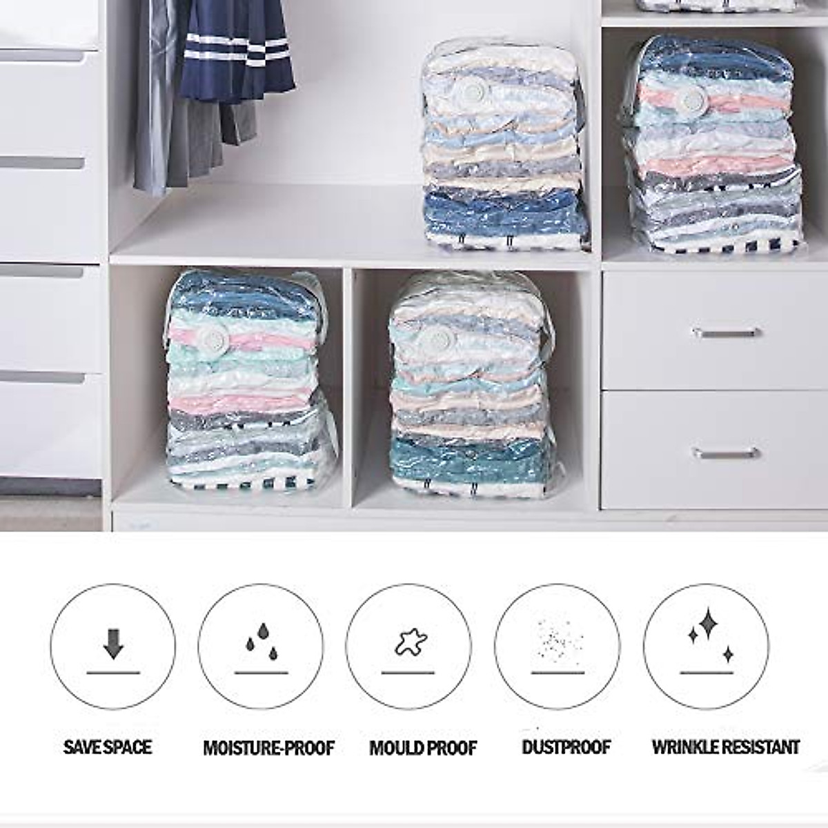 Travel Compression Bags Vacuum Space Saver Bags 6 Pack 27.5 x 18inch Compressed Closet Organizers and Storage Bags No Pumps Needed Plastic Vacuum Bag Clothing Moving Blanket Mattress Bedding Comforters Portable Little Space Waterproof Storage Sealed Ziplo