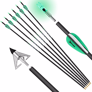 DEEPOWER 6 Pack 31 inch 100% Carbon Arrows with Lighted Nocks and Broadheads for Compound Bow and Recurve Bow Shaft Spine 350/400/500