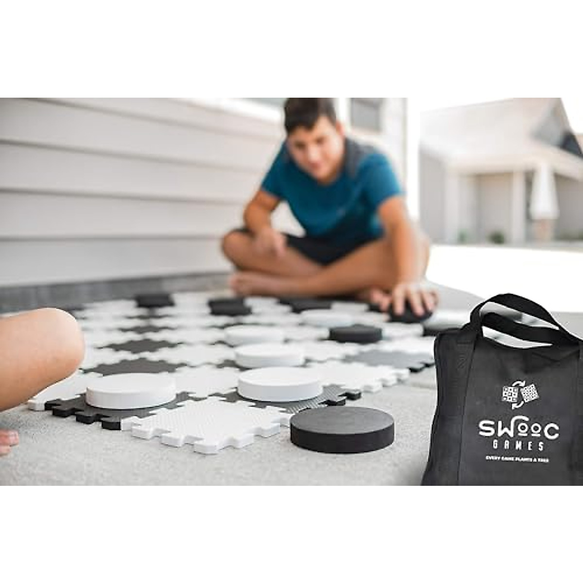 SWOOC Games - 2-in-1 Reversible Giant Checkers & Tic Tac Toe Game (4ft x 4ft) - 100% High Density EVA Foam Mat & Pieces - Extra Large Checkers with Jumbo Checkerboard and Yard Size Tic Tac Toss