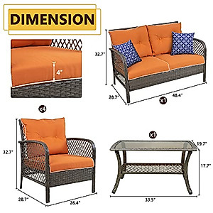 PHIKOOVA 6-Piece Wicker Patio Conversation Furniture Sets w/ 4 Pillows, Orange Outdoor Patio Furniture Set w/Table, All Weather PE Rattan Porch Outdoor Chairs, Brown Wicker/Orange Cushions