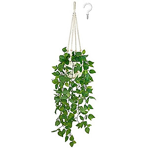 Mkono Fake Hanging Plant with Pot, Artificial Plants for Home Decor Indoor Macrame Plant Hanger with Faux Vines Hanging Planter Greenery for Bedroom Bathroom Kitchen Office Decor, Ivory (Pothos)