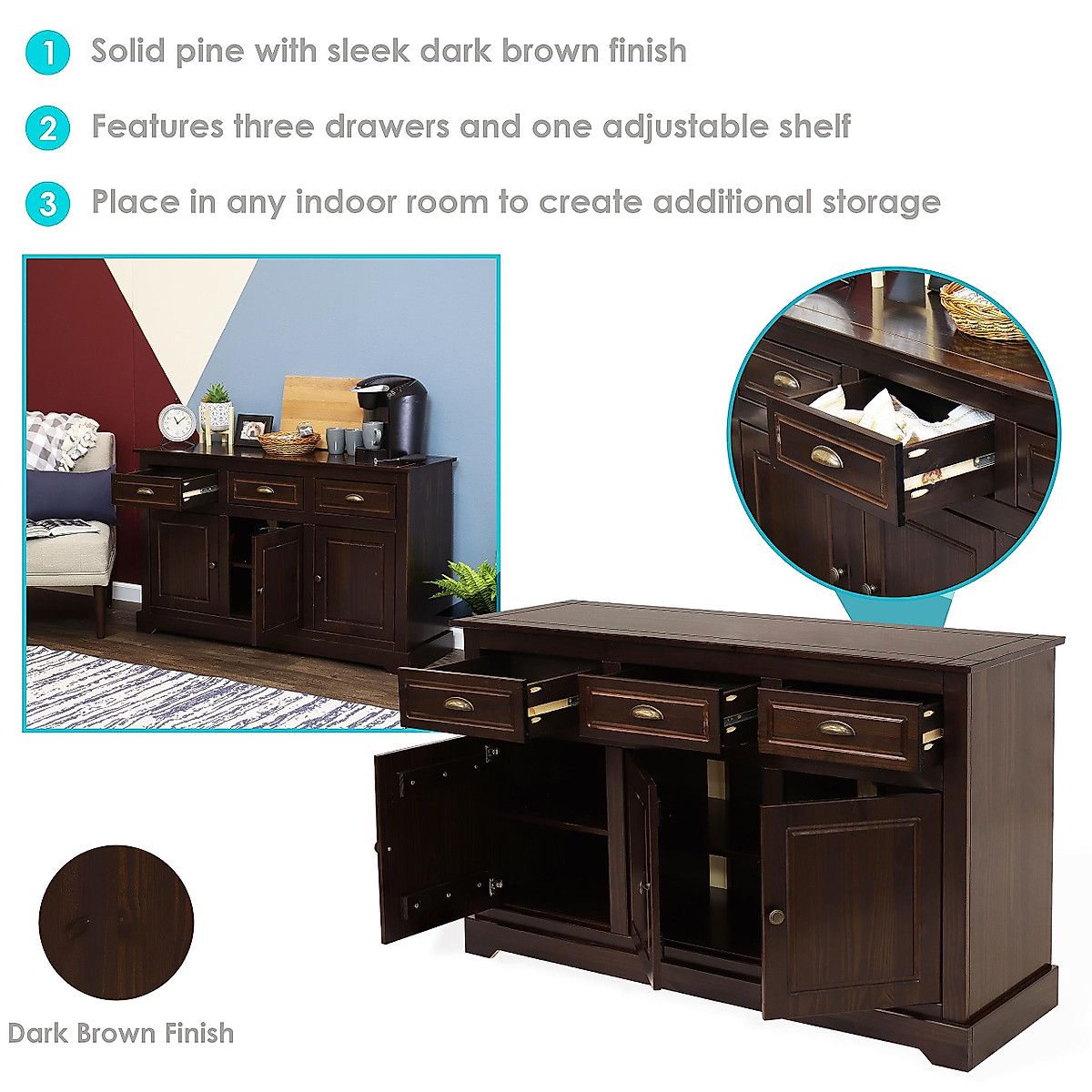 Sunnydaze Solid Pine Sideboard Cabinet with 3 Drawers and 3 Doors - Features Adjustable Inner Cabinet Shelf - Zinc Alloy Hardware - Dark Brown- 32-Inch