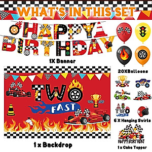 MQZQP Two Fast Birthday Decorations with Backdrop Banner Cake Topper Hanging Swirl Decorations & Balloons