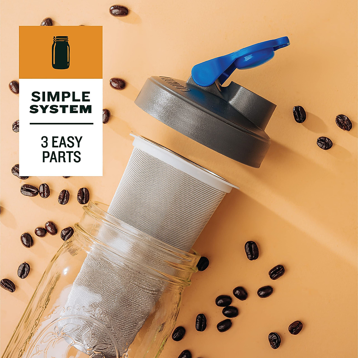 County Line Kitchen Cold Brew Coffee Maker, Mason Jar Pitcher - Heavy Duty Soda Lime Glass w/Stainless Steel Mesh Filter & Flip Cap Lid - Iced Tea & Coffee - 1 Qt (32 Oz), Gray/Blue Handle