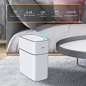 MOPUP Touchless Bathroom Trash Cans, Waterproof Motion Sensor Bedroom Garbage Can, 3.5 Gallon Slim Plastic Narrow Small Dogproof Trash Bin for Office,Living Room,Kitchen, White
