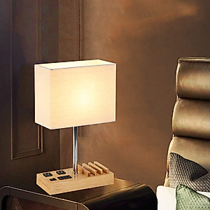 Dreamholder Desk Lamp with 3 USB Charging Ports, Table Lamp with 2AC Outlets and 3 Phone Stands, Nightstand Bedside Lamp with Natural Wooden Base and Cream Linen Shade