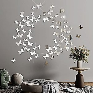Aooyaoo Acrylic Mirror Wall Decor, Butterfly Wall Decorations,2 Sizes Butterfly Stickers Wall Decals,100 Pcs DIY Wall Stickers for Home Nursery Classroom Kids Bedroom Bathroom Living Room Decor (Silver)