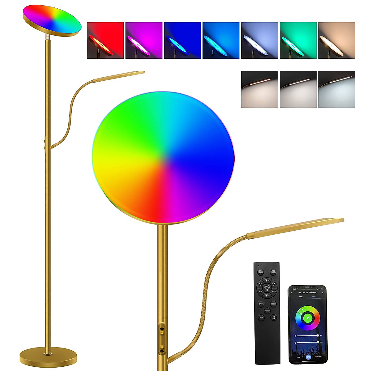 Hyskostar Gold Floor lamp,Top Sky Light and Side Reading Lamp,RGB LED Modern Super Bright Floor Lamps-Tall Standing Pole Light with Remote & Touch Control for Living Room,Bed Room,Office