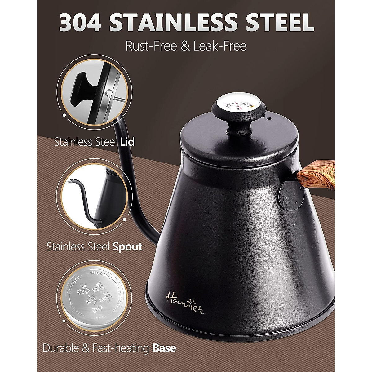 harriet Gooseneck Kettle, 37oz (1.1L) Pour Over Kettle with Built-in Thermometer Coffee Kettle with Anti-Hot Handle, Anti-Rust Stainless Steel with Flow Spout Design For Drip Coffee