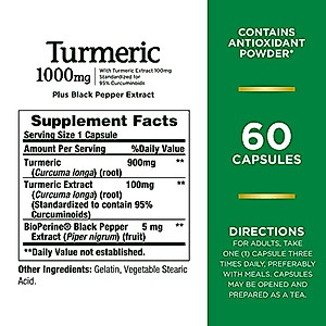 Nature’s Bounty Turmeric With Black Pepper Extract, Supports Antioxidant Health, 1000mg, 60 Capsules