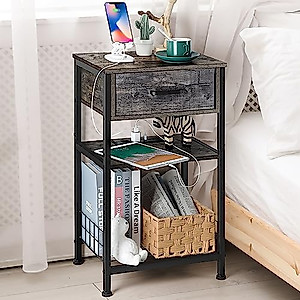 smusei Nightstand with Charging Station Night Stand with Fabric Drawer End Tables with USB Ports and Outlets Living Room Bed Side Table for Small Spaces, Dark Grey