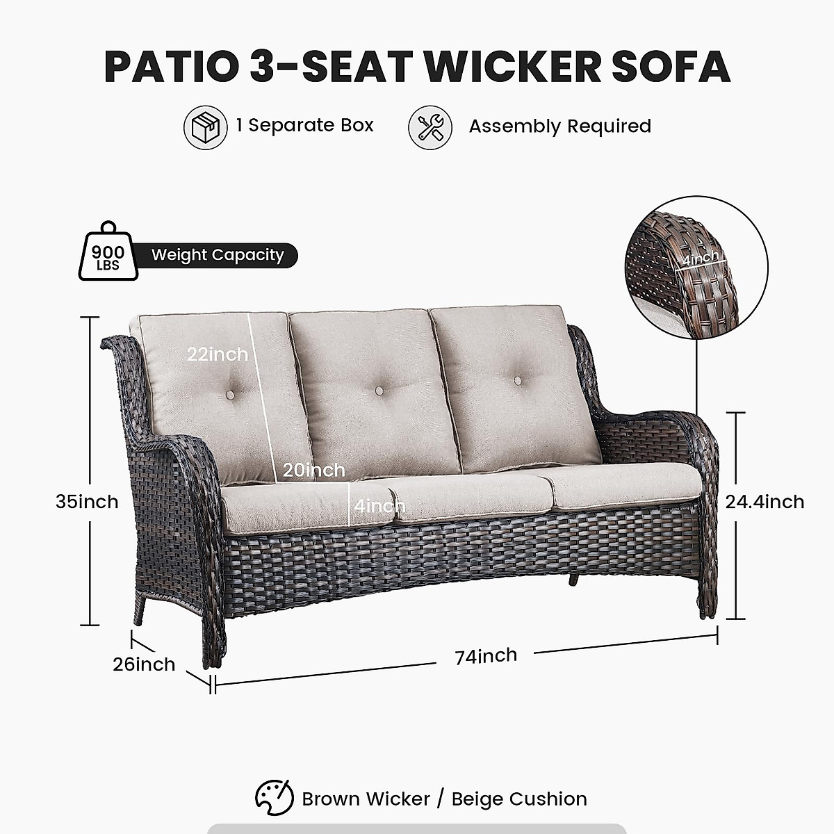 Belord Outdoor Furniture 3-Seater Rattan Sofa Patio Wicker Sofa Couch Furniture Set with Washable Cushions