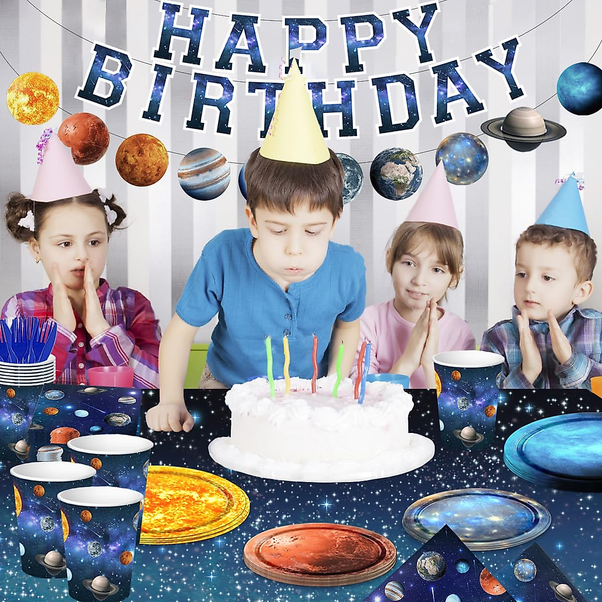 Space Theme Party Decorations-142Pcs Space Plates and Napkins Kit Galaxy Solar System Outer Space Tableware for Birthday Party