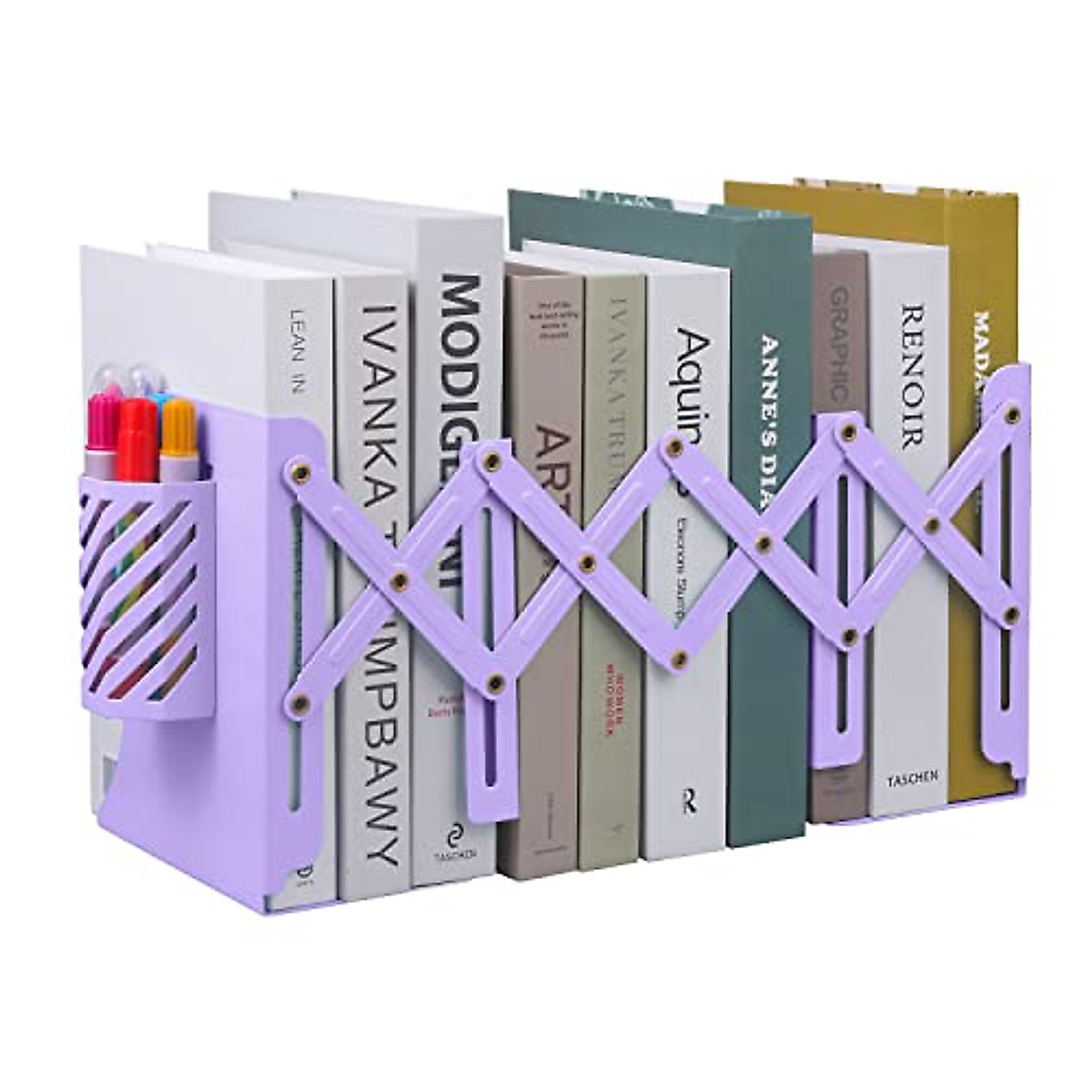 MSDADA Adjustable Bookends, Book Ends for Heavy Books, Expandable Book Organizer with Pen Holder for Desk, Shelf, Office, for 6 7 8 9-15 Boys and Girls, Extends up to 19 inches (Purple)