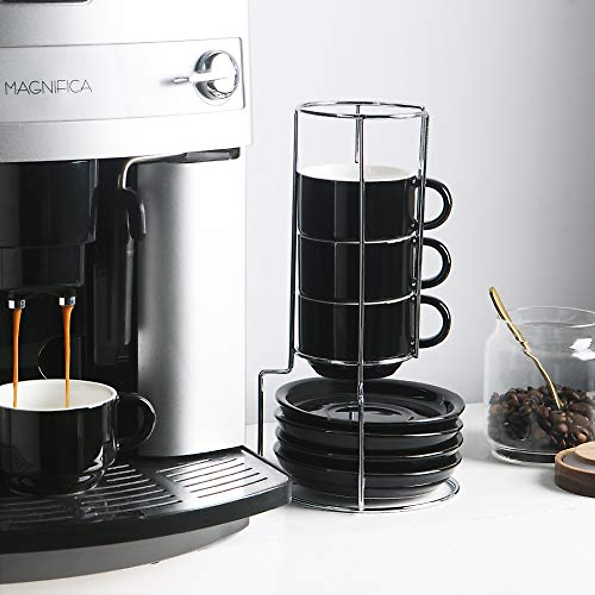 SWEEJAR Porcelain Espresso Cups with Saucers, 4 Ounce Stackable Cappuccino Cups with Metal Stand for Coffee Drinks, Latte, Tea - Set of 4 (Black)