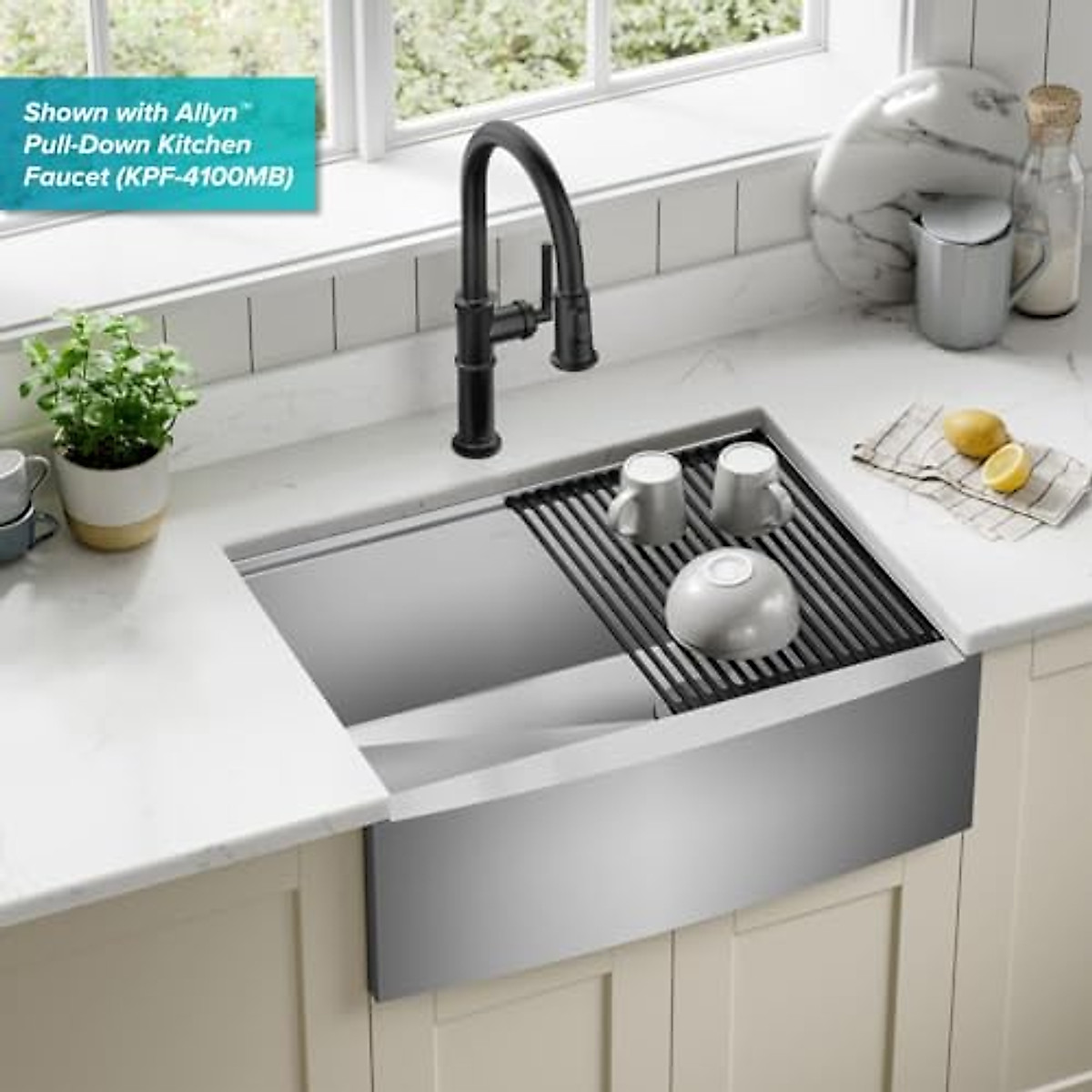 KRAUS Kore 27-Inch Farmhouse Workstation 16 Gauge Single Bowl Stainless Steel Kitchen Sink with Accessories, KWF210-27